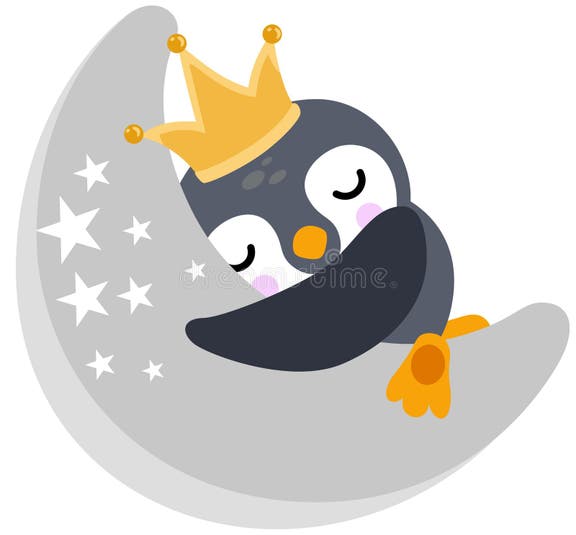 Cute Penguin Sleeping on Moon with Crown on Head Stock Vector ...