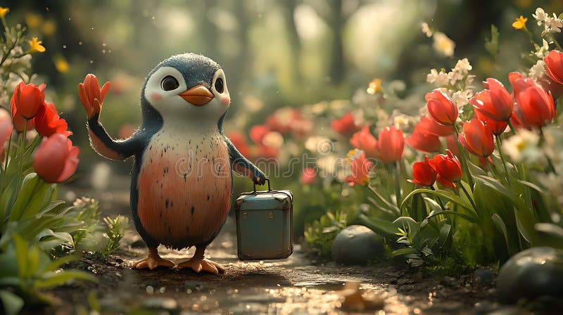 Cute Penguin Waves Goodbye, Tulip Garden Path Stock Illustration ...