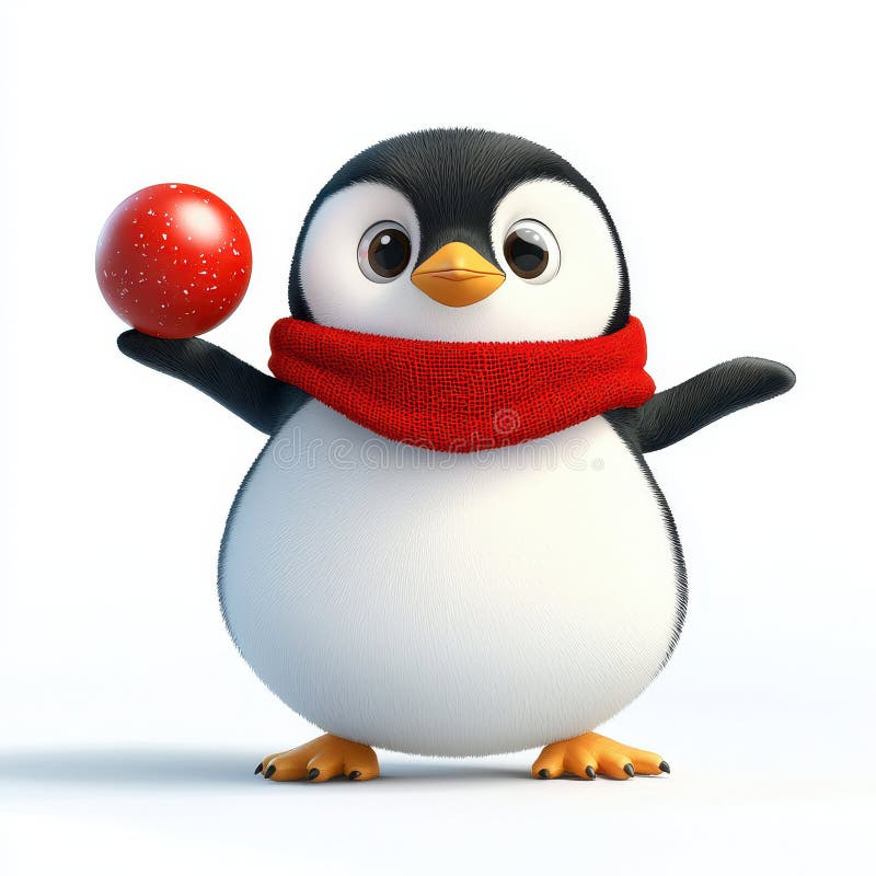 Cute Penguin Wearing Red Scarf, Holding Snowball, Ready for Fun Stock ...