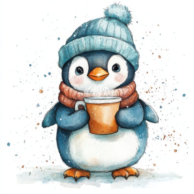 Cute Penguin in Winter Hat Enjoying Hot Cocoa Stock Illustration ...