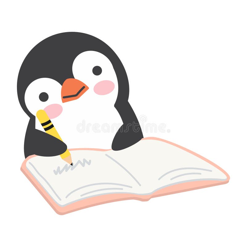 Cute Penguin Writing a Book Stock Illustration - Illustration of small ...