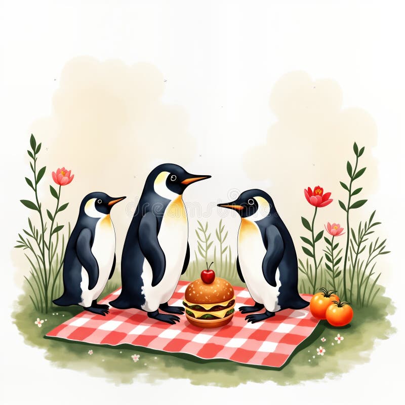 Cute Penguins Enjoy Picnic Outdoors. Three Penguins Stand on Checkered ...