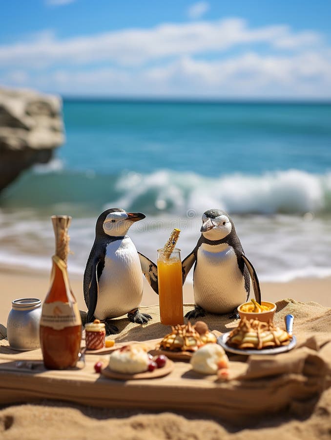 Cute Penguins Having Fun in the Sun and Picnik on the Beach Stock ...