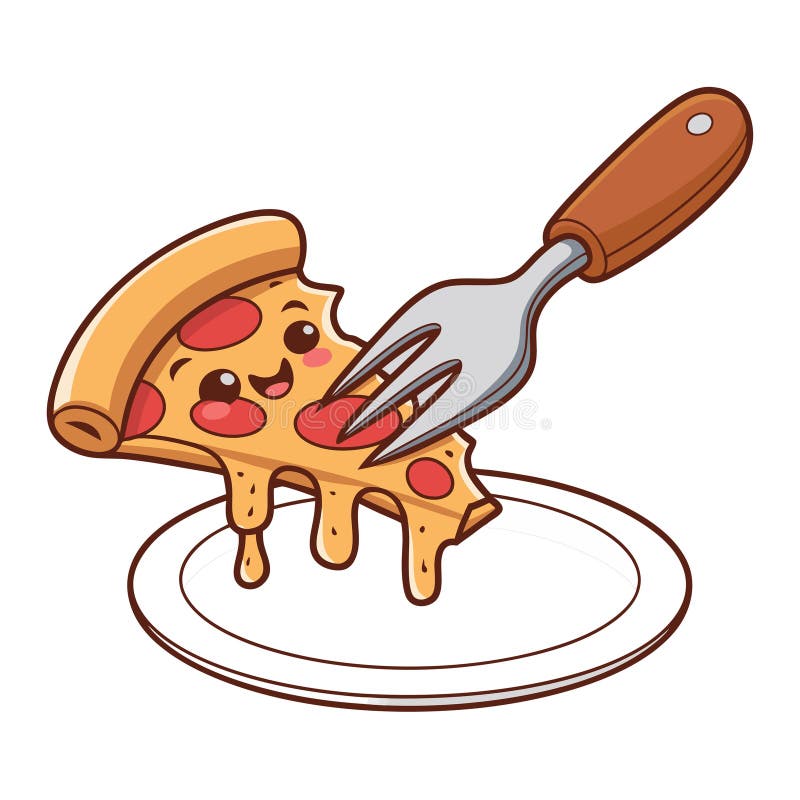 Cute Pepperoni Pizza Slice with Smiling Face on Fork Vector ...
