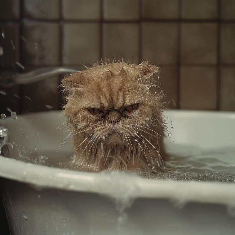 Cute Persian Cat Washes in a Bath with Water. Stock Illustration ...