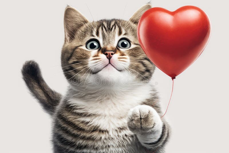 Cute Pet Cat with Red Heart Balloon. Generative Ai Stock Illustration ...