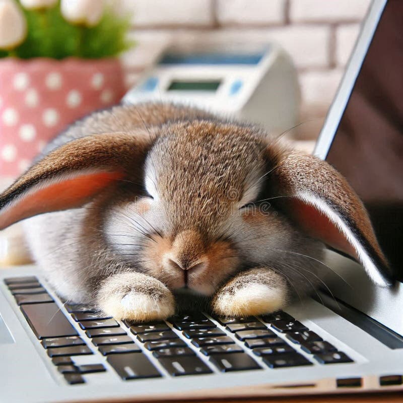 Cute Pet Rabbit Bunny Sleeping on Laptop Keyboard, Petcare Stock Image ...