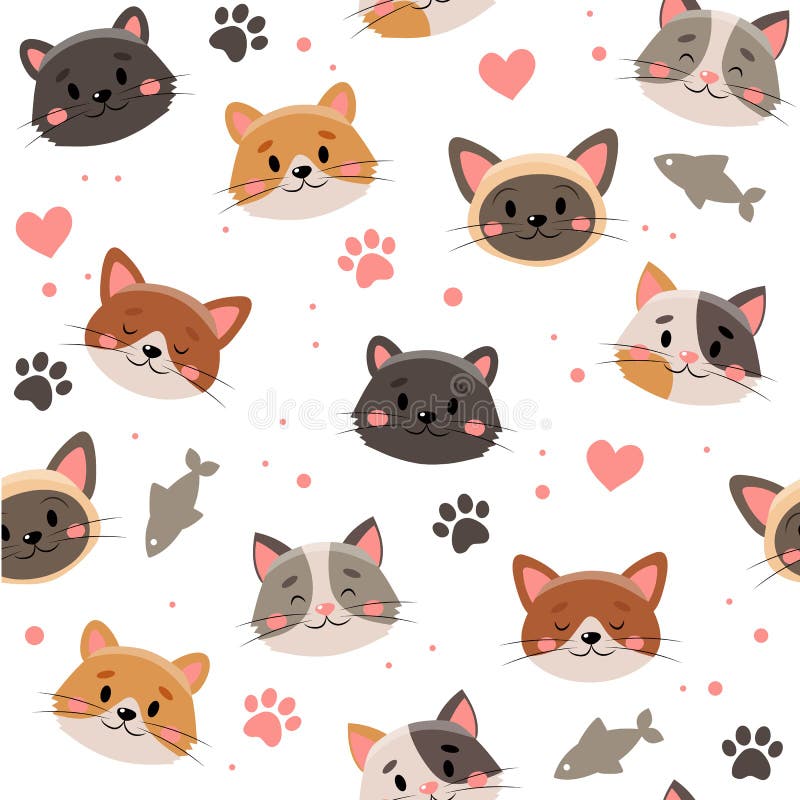Cute Pets Pattern, Different Cats. Vector Illustration in Flat Style ...
