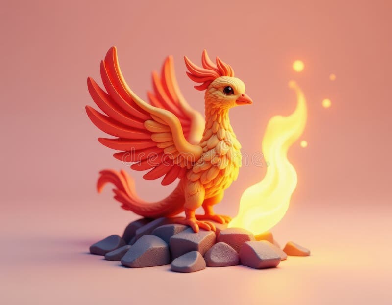 Cute Phoenix Bird on Rocks with Fire Stock Illustration - Illustration ...