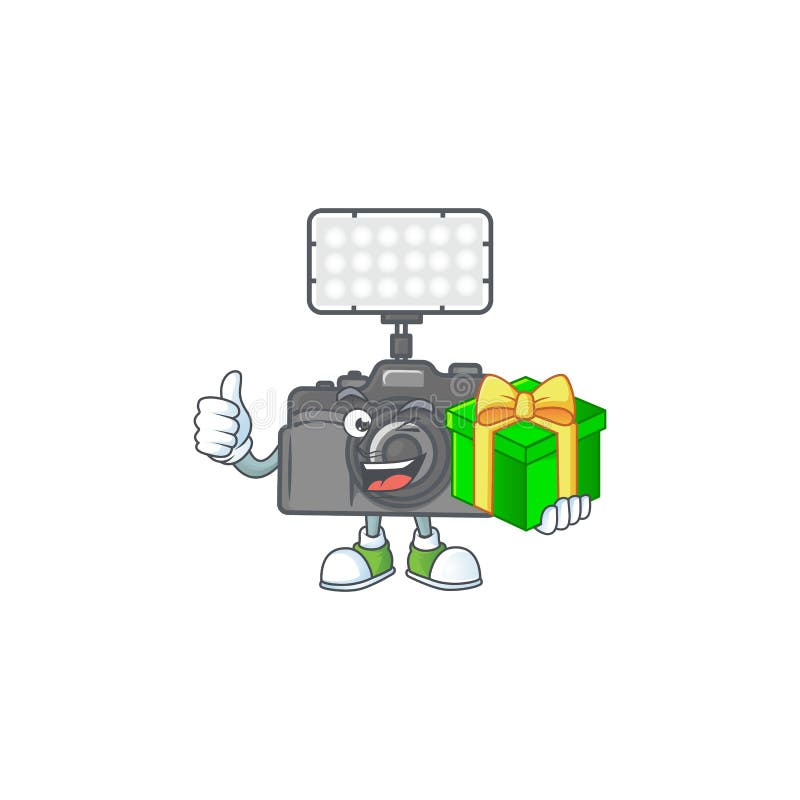 Cute Photo Camera with Lighting Character Holding a Gift Box Stock ...