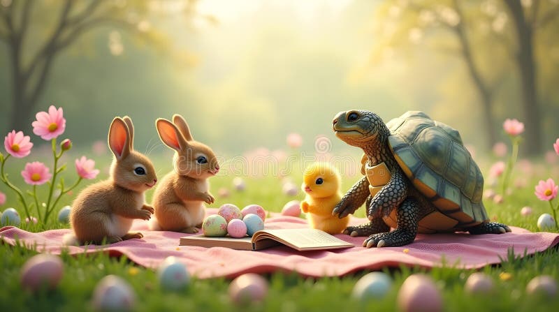 Cute Picnic Scene with Bunnies, Chick and Turtle Surrounded by Easter ...