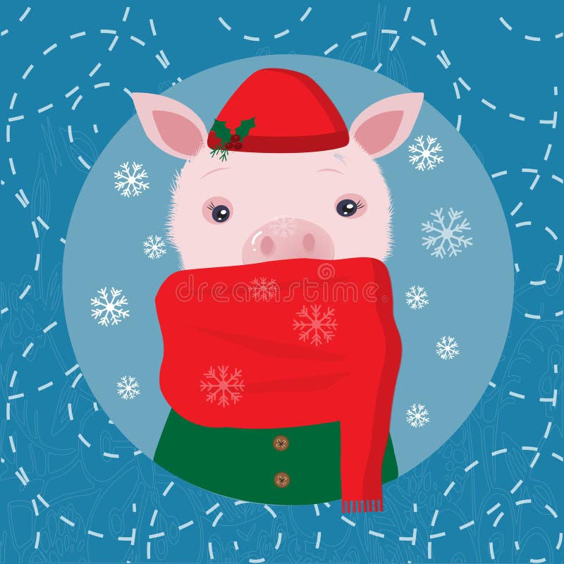 Cute Pig in a Cap and a Scarf. Winter Card. Stock Vector - Illustration ...