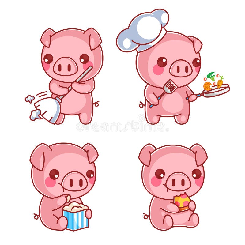 Cute Pig Eating Cartoon Style Set Stock Vector - Illustration of ...