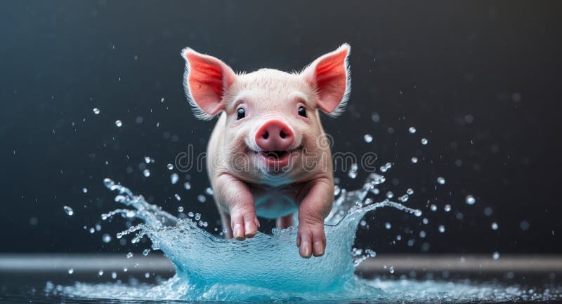Cute Pig Jumping Out of Water Splash on Black Background Stock Image ...