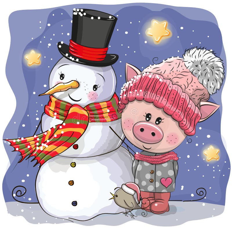 Cute Pig in a Knitted Cap and Snowman Stock Vector - Illustration of ...