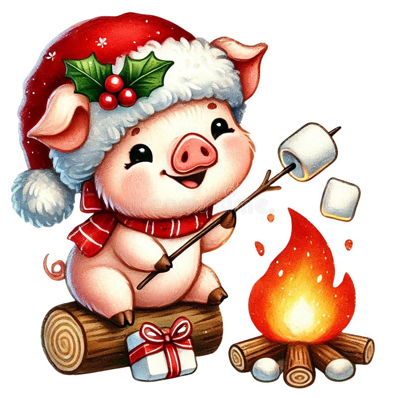 Cute Pig Roasting Marshmallows by the Fire Cartoon Illustration for ...