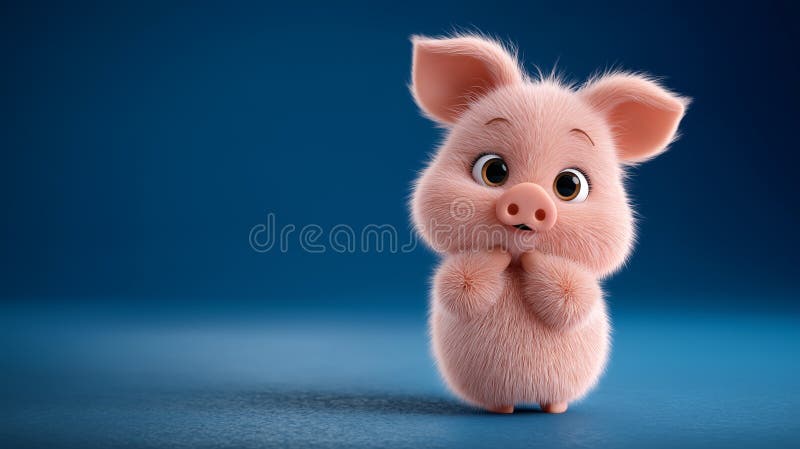 Cute Pig Stands on Blue Background with Charming Expression and Fluffy ...