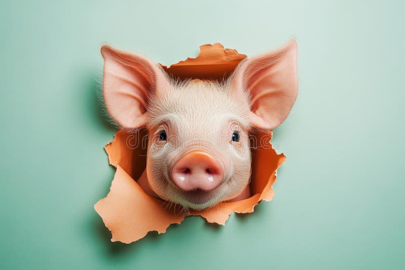 Cute Piglet Breaking through Wall with Intriguing Expression and ...
