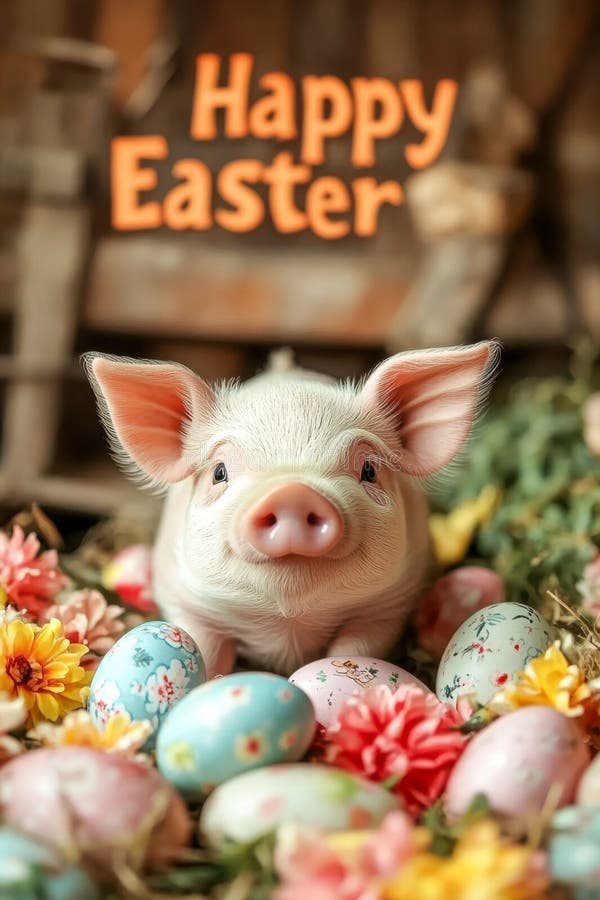 Cute Piglet with Easter Eggs and Flowers in a Festive Spring Setting ...