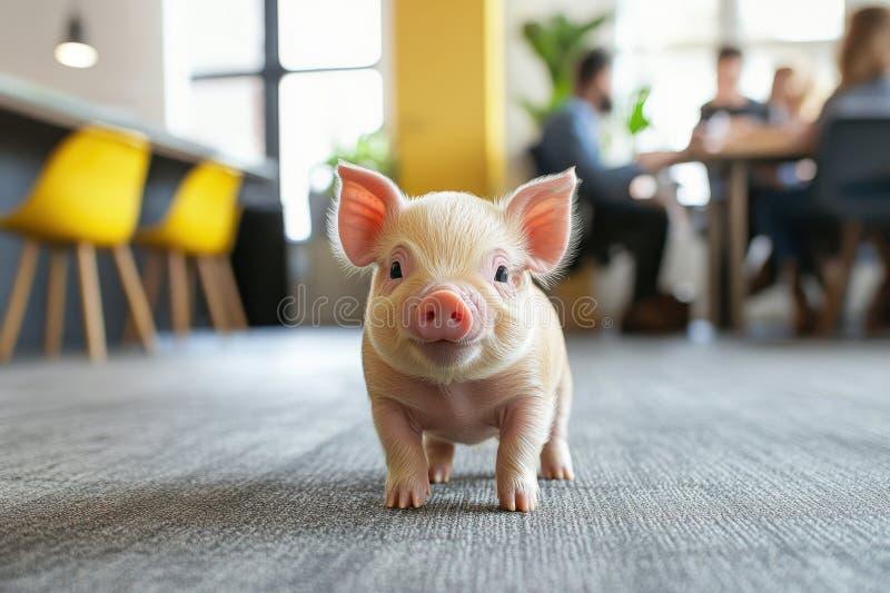 Cute Piglet Exploring a Modern Office Environment with People Working ...