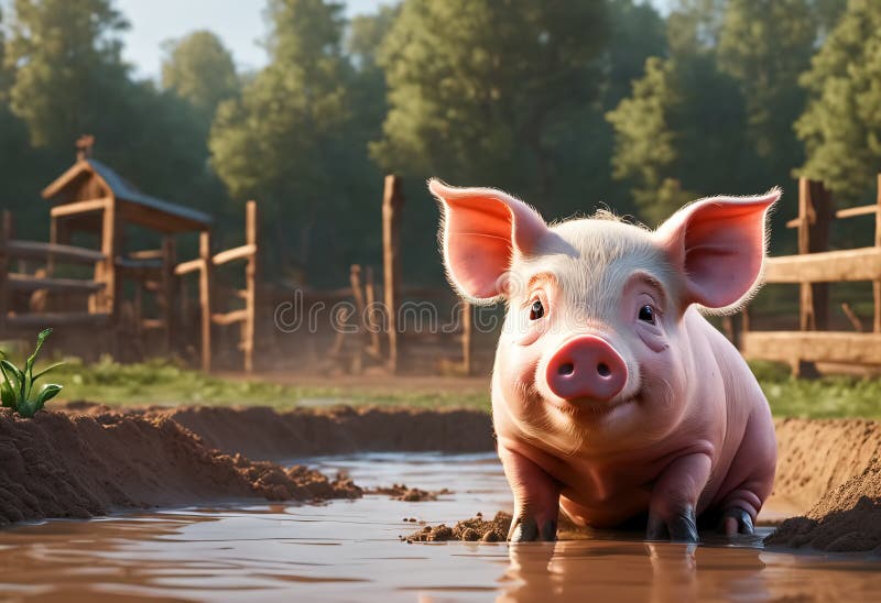 Cute Piglet Lies in Mud. Generative AI Stock Illustration ...