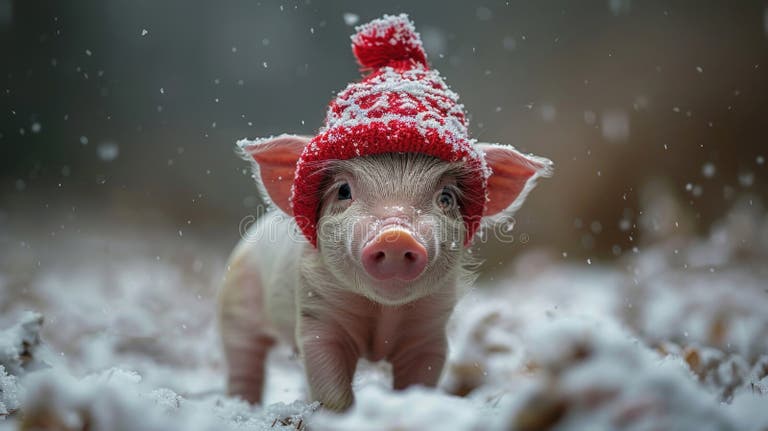 A Cute Piglet in a Red Knit Hat Standing in the Snow Looking at the ...