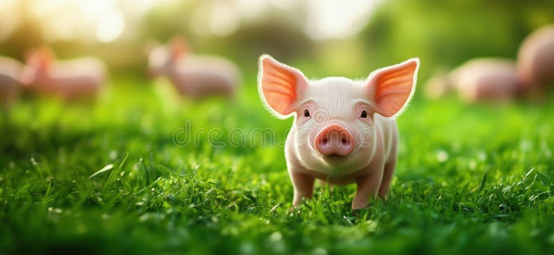 Cute Piglet Standing on Green Grass with Blurred Background of Farm ...