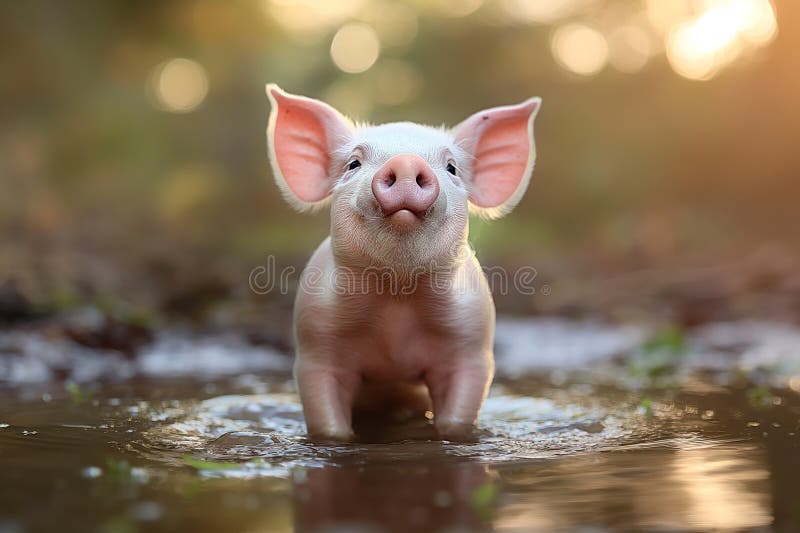 Cute Piglet Standing in Muddy Water with Sunlight. Stock Image - Image ...