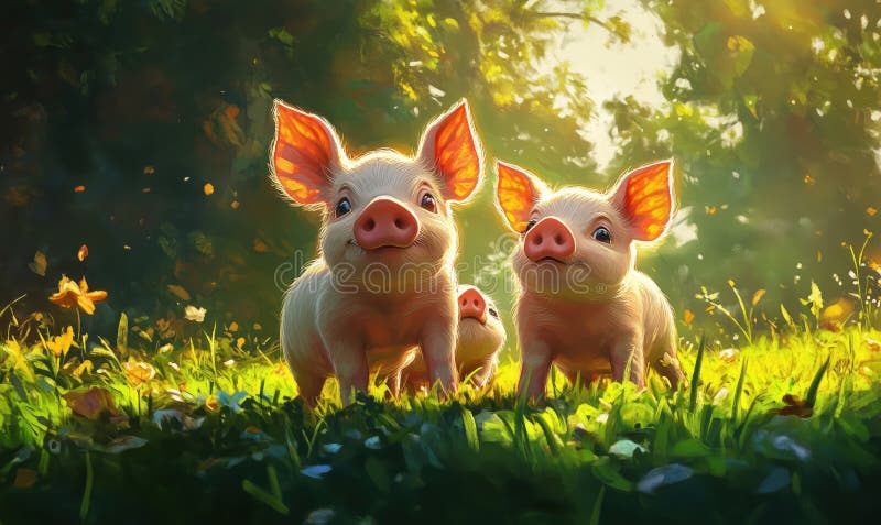 Cute Piglets Playing in Sunlit Meadow Surrounded by Lush Greenery Stock ...