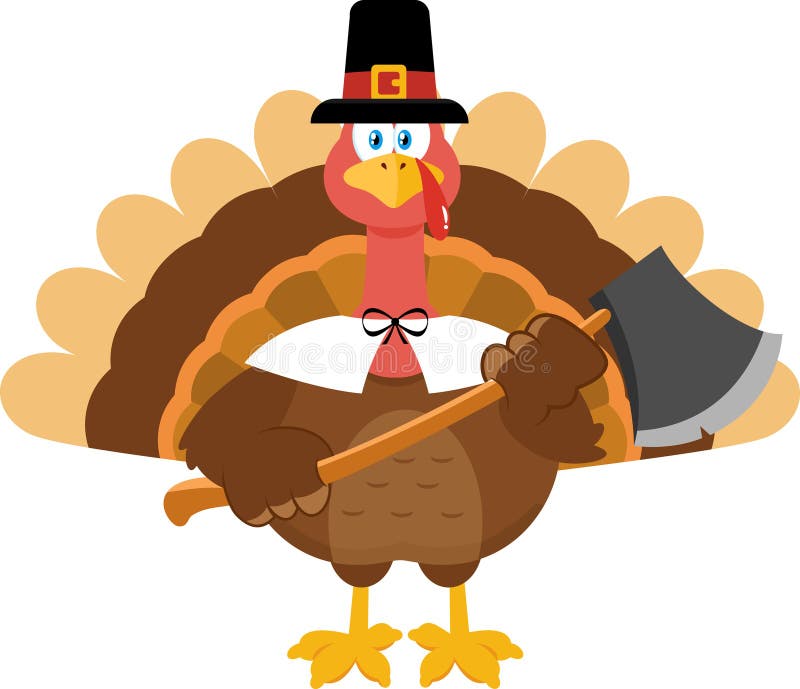 Cute Pilgrim Turkey Bird Cartoon Character Holding a Axe Stock Vector ...