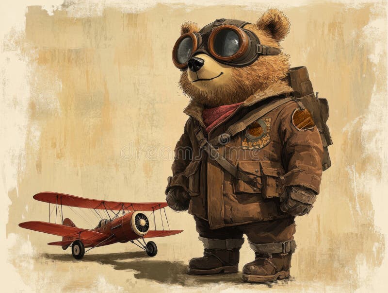 Cute Pilot Bear with Vintage Airplane in Adventure Gear Stock ...