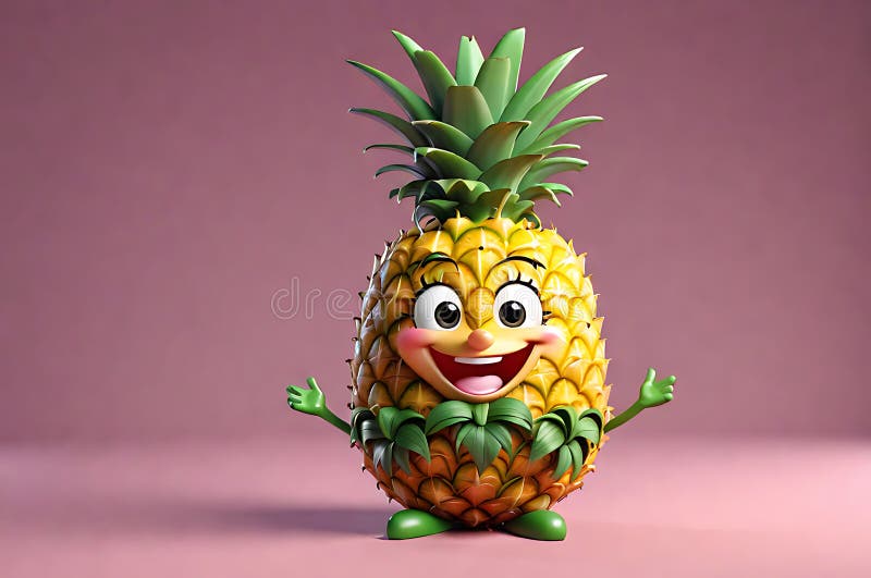 A Cute Pineapple As a 3D Rendered Character Smiling Over Solid Color ...