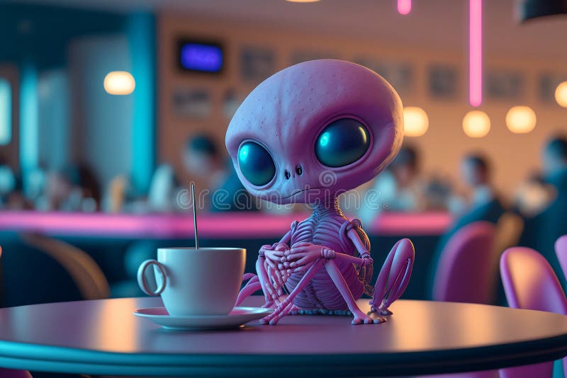 Cute pink alien in cafe stock illustration. Illustration of emotion ...