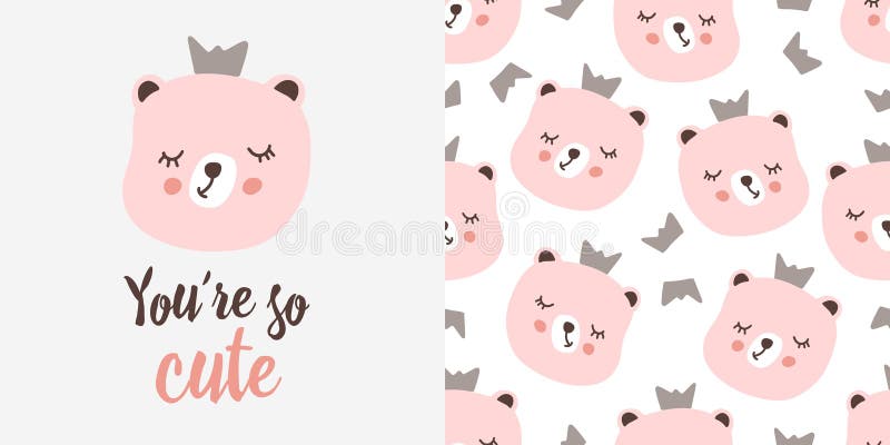 Cute Pink Bear Face Illustration with Crown and Seamless Pattern for ...