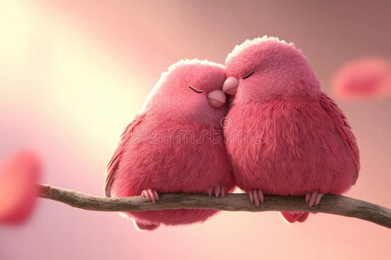 Cute Pink Birds Cuddling on Branch, Showcasing Love and Affection in ...