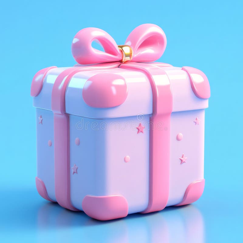 Cute Pink and Blue Gift Box with Bow and Star Details on a Bright Blue ...