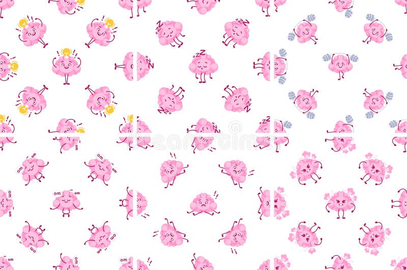 Cute Pink Brain Characters Seamless Pattern Showing Different ...
