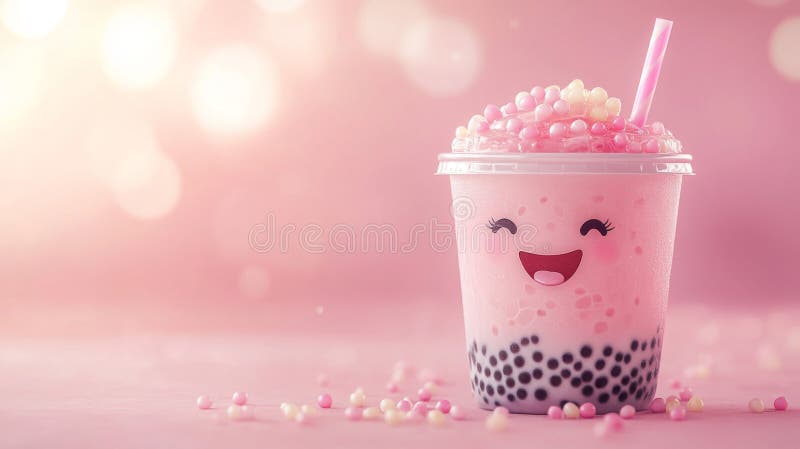 Cute Pink Bubble Tea with Happy Face and Sprinkles Stock Illustration ...