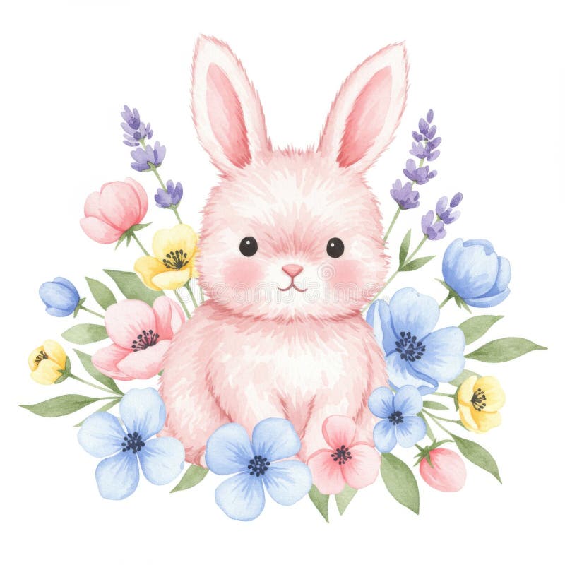 Cute Pink Bunny Surrounded by Pastel Flowers Stock Illustration ...