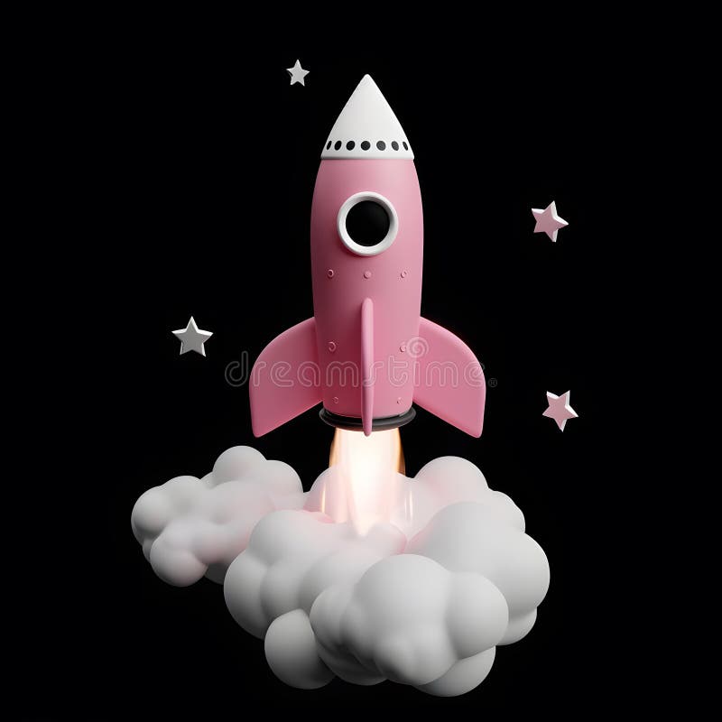 Cute Pink Cartoon Rocket Taking Off from White Cloud Stock Illustration ...
