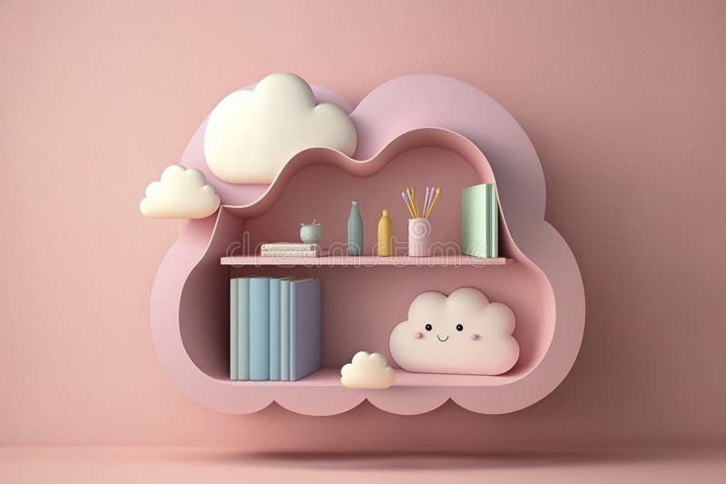 Cute Pink Cloud Shape Bookshelf, Created with Generative AI Stock ...