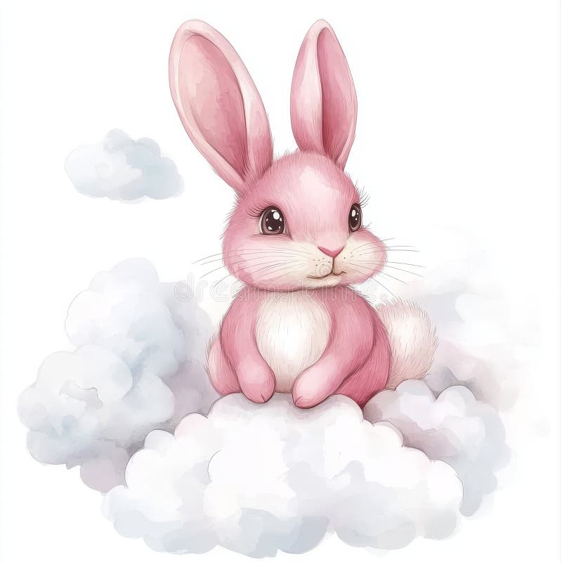 Cute Pink Easter Bunny Sitting on Cloud. Watercolor Illustration Stock ...