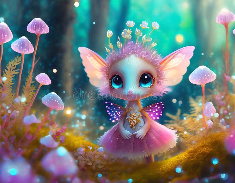 Cute Pink Fairy Tale Creature in Magical Forest Stock Illustration ...