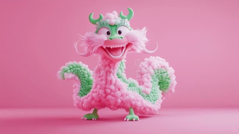Cute Pink Fluffy Cartoon Dragon Character Design Stock Illustration ...