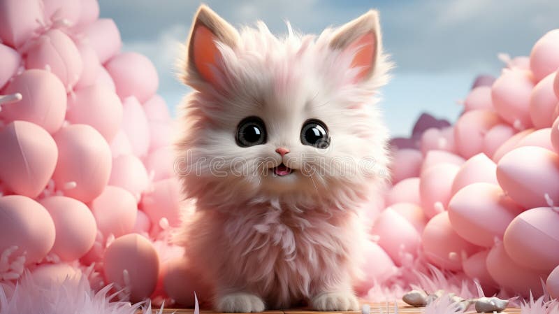 Cute pink fluffy kitten stock illustration. Illustration of cute ...
