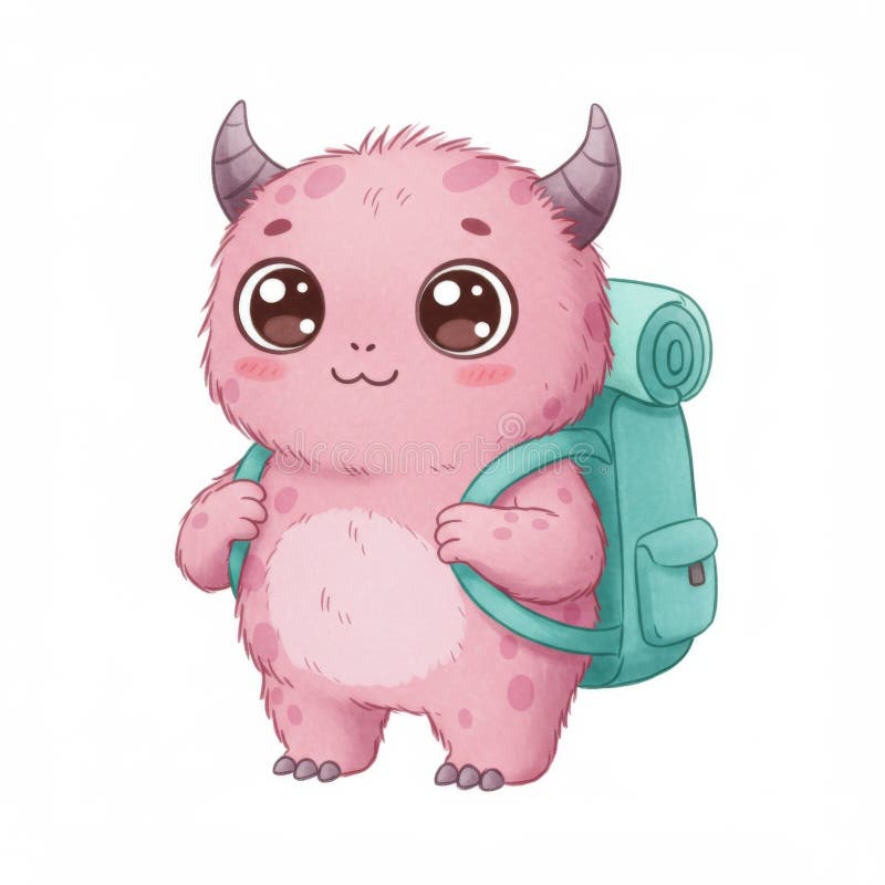 Cute Pink Fluffy Monster with Backpack Stock Illustration ...