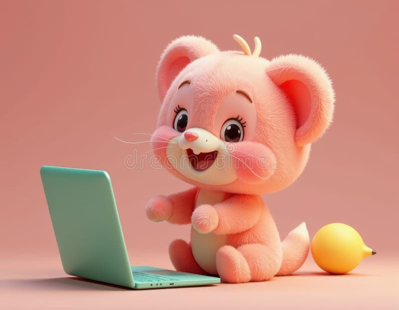 Cute Pink Fuzzy Kitten Using a Laptop Computer Stock Illustration ...