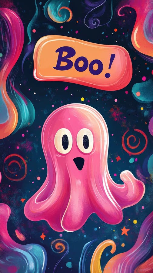 Cute Pink Ghost with Colorful Swirls and Boo Text Stock Photo - Image ...