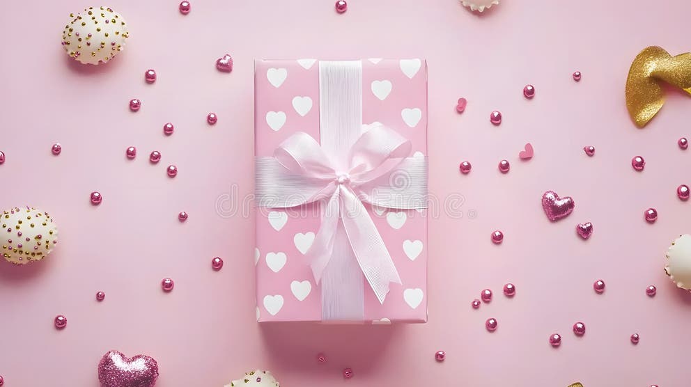 Cute Pink Gift Box with Hearts and Decorations Stock Illustration ...