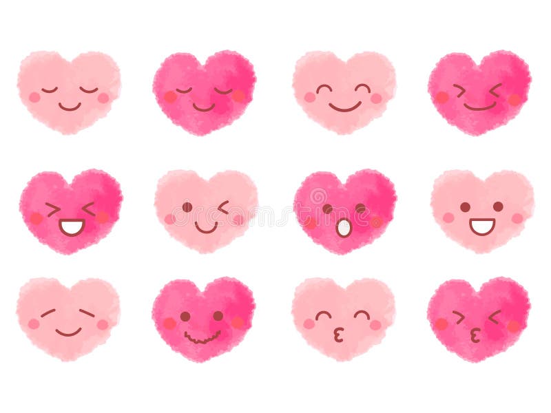 Cute Pink Heart Icon Set with Various Expressions Positive Stock Vector ...